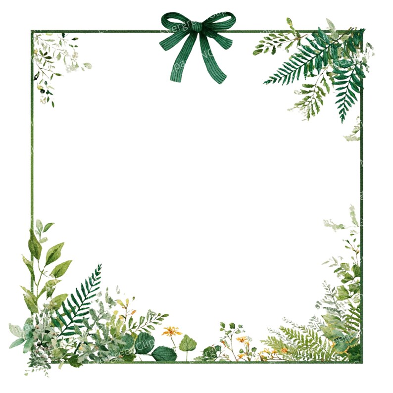 Fern & Ribbon Frame Clipart: Botanical Greenery PNG Borders (digital ...