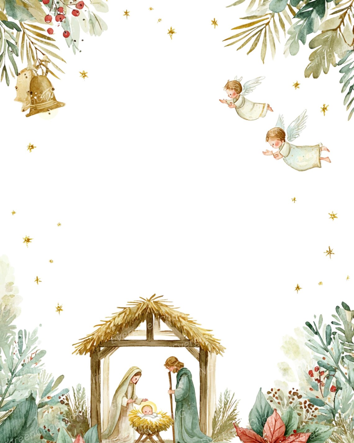 Watercolor Nativity Frames: Holy Family, Angels, Stars (PNG Digital ...