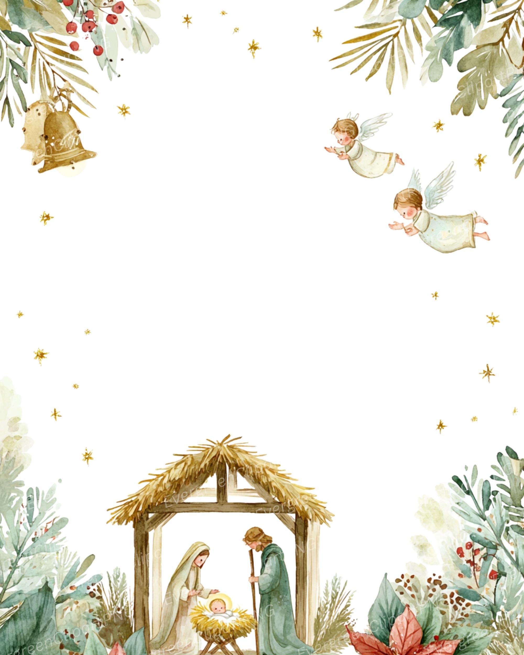 Watercolor Nativity Frames: Holy Family, Angels, Stars (PNG Digital ...