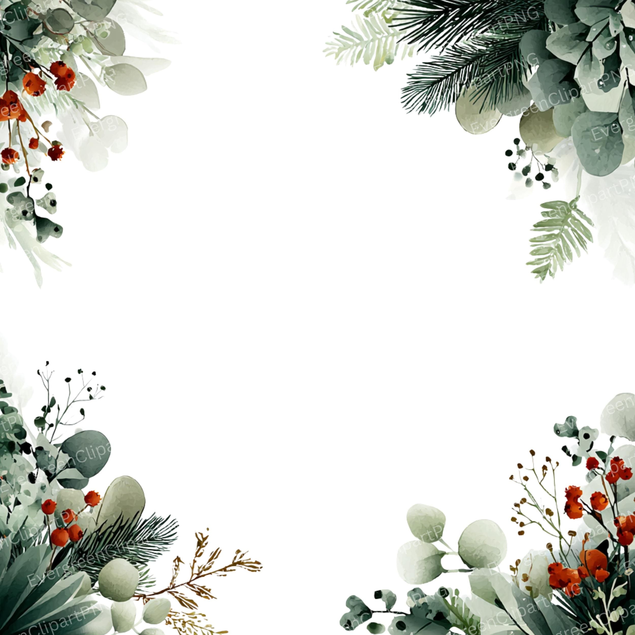Christmas Greenery Frame Clipart: Watercolor Holiday PNG (digital ...