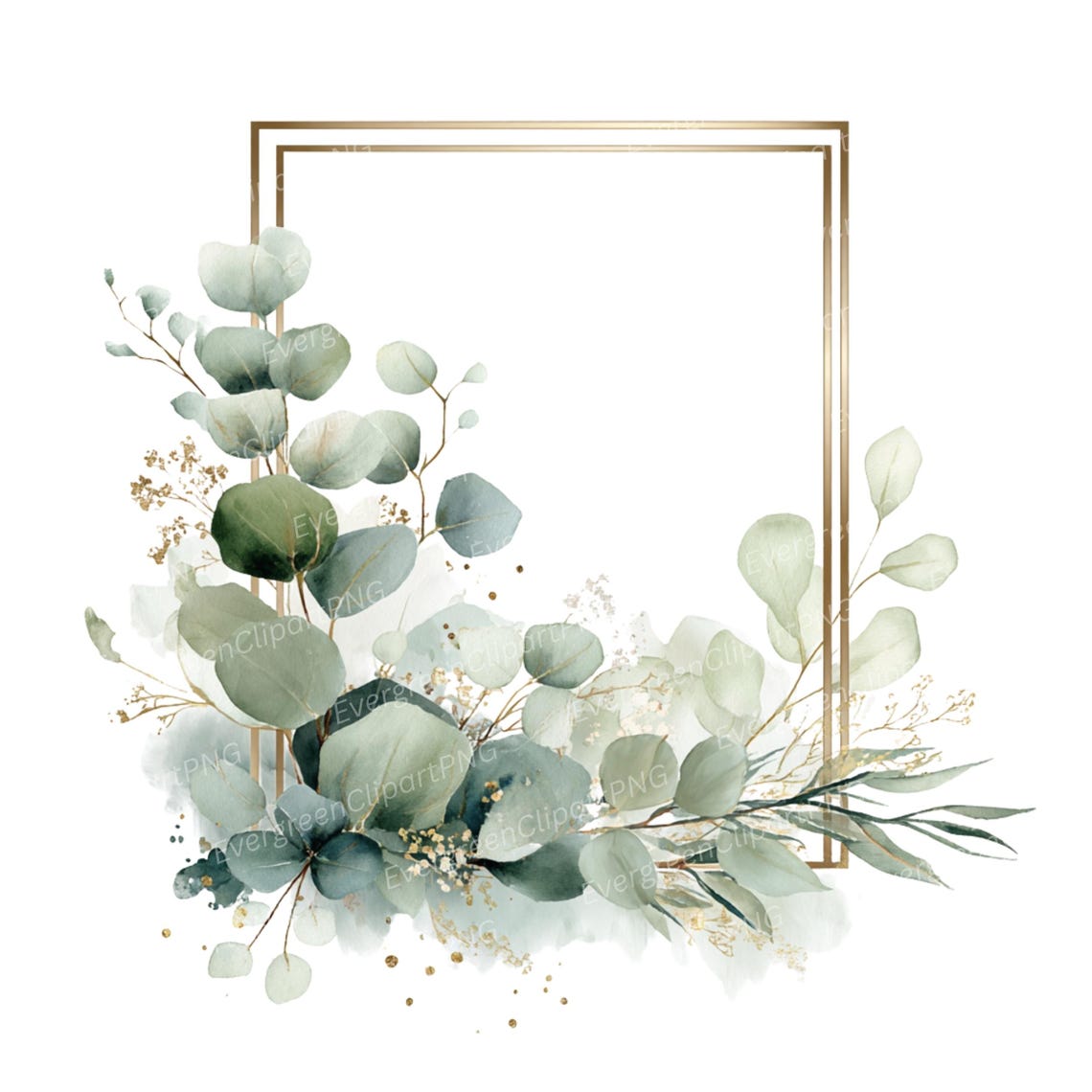 10 Eucalyptus Gold Frame Clipart: Watercolor Greenery, Botanical ...