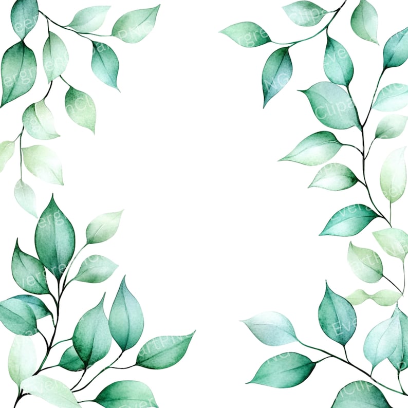 Watercolor Leaves Frame Clipart: Green Botanical Borders (digital ...