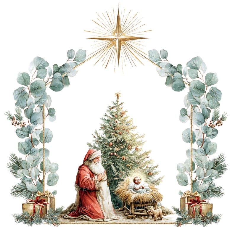12 Santa Praying to Jesus Christmas Frame Clipart: Watercolor Holiday ...