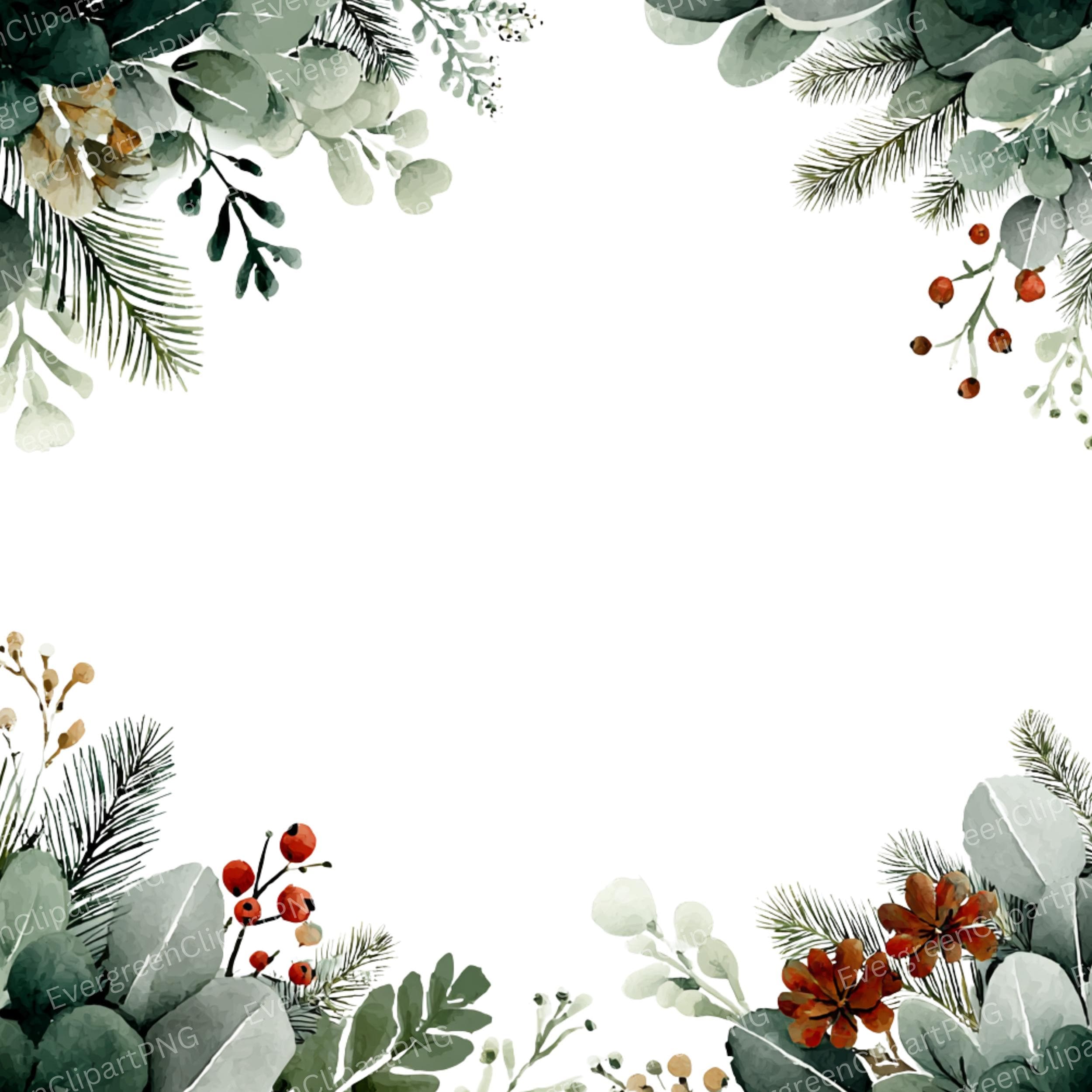 Christmas Greenery Frame Clipart: Watercolor Holiday PNG (digital ...
