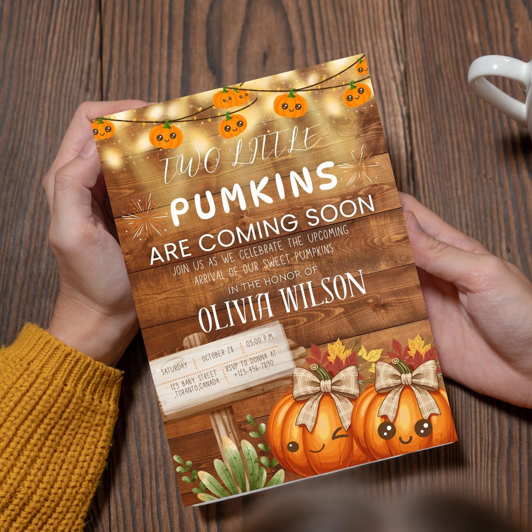 Editable Two Little Pumpkins Baby Shower Invitation Twins Orange ...