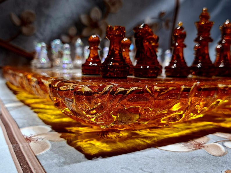 Handmade Amber Resin Chess Set | Crystal Chess Pieces & Checkers - Etsy
