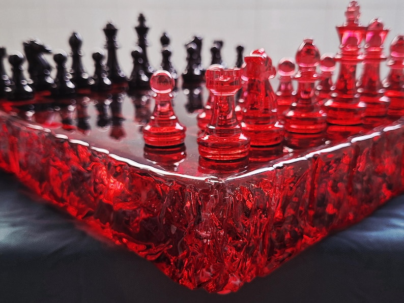 Red Lava Resin Chess Set Handmade • Black & Red Chess Pieces • Luxury ...