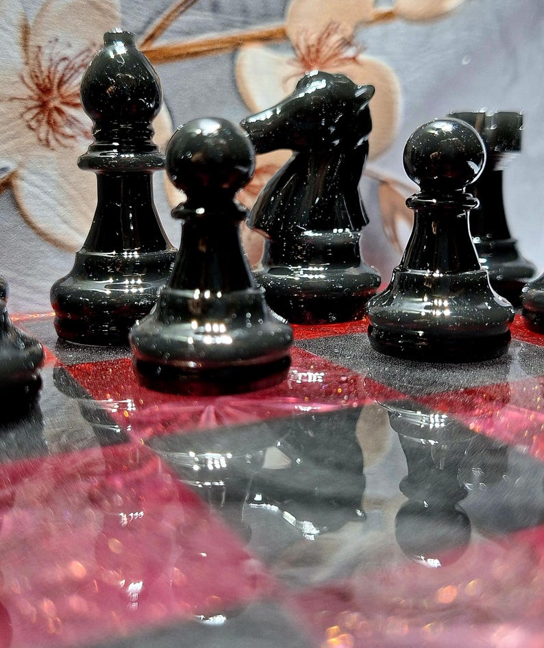 Handmade Resin Chess Set – Ruby Red & Obsidian Black, Lava Edge Design ...