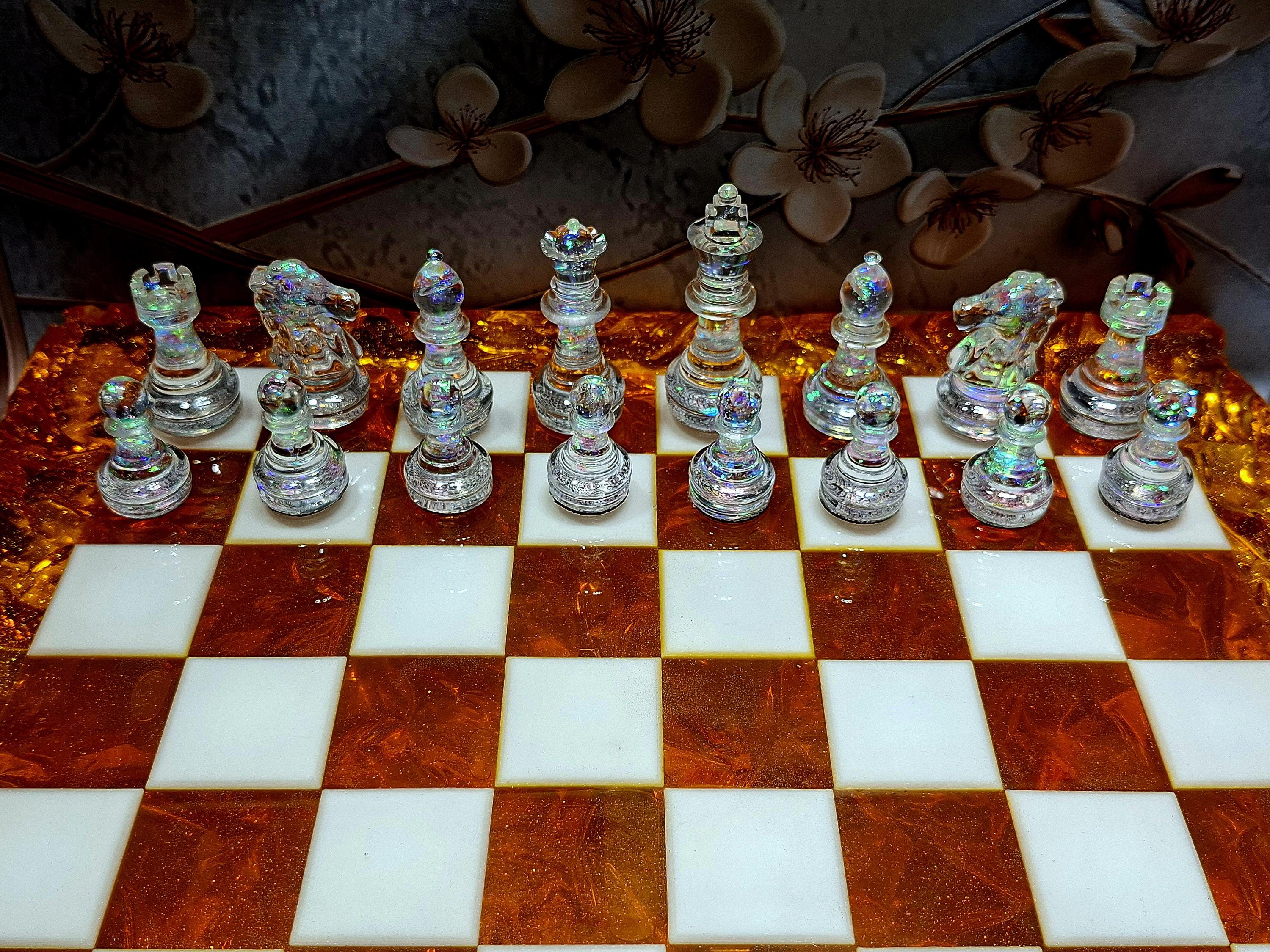Handmade Amber Resin Chess Set | Crystal Chess Pieces & Checkers - Etsy
