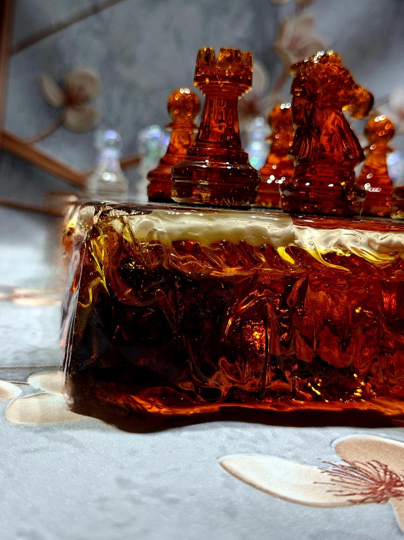 Amber Resin Chess Set – Handmade Chess Board 2 in 1 (with 24 Checkers ...