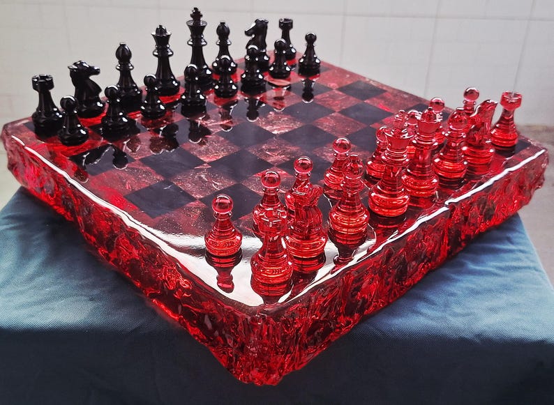 Red Lava Resin Chess Set Handmade • Black & Red Chess Pieces • Luxury ...