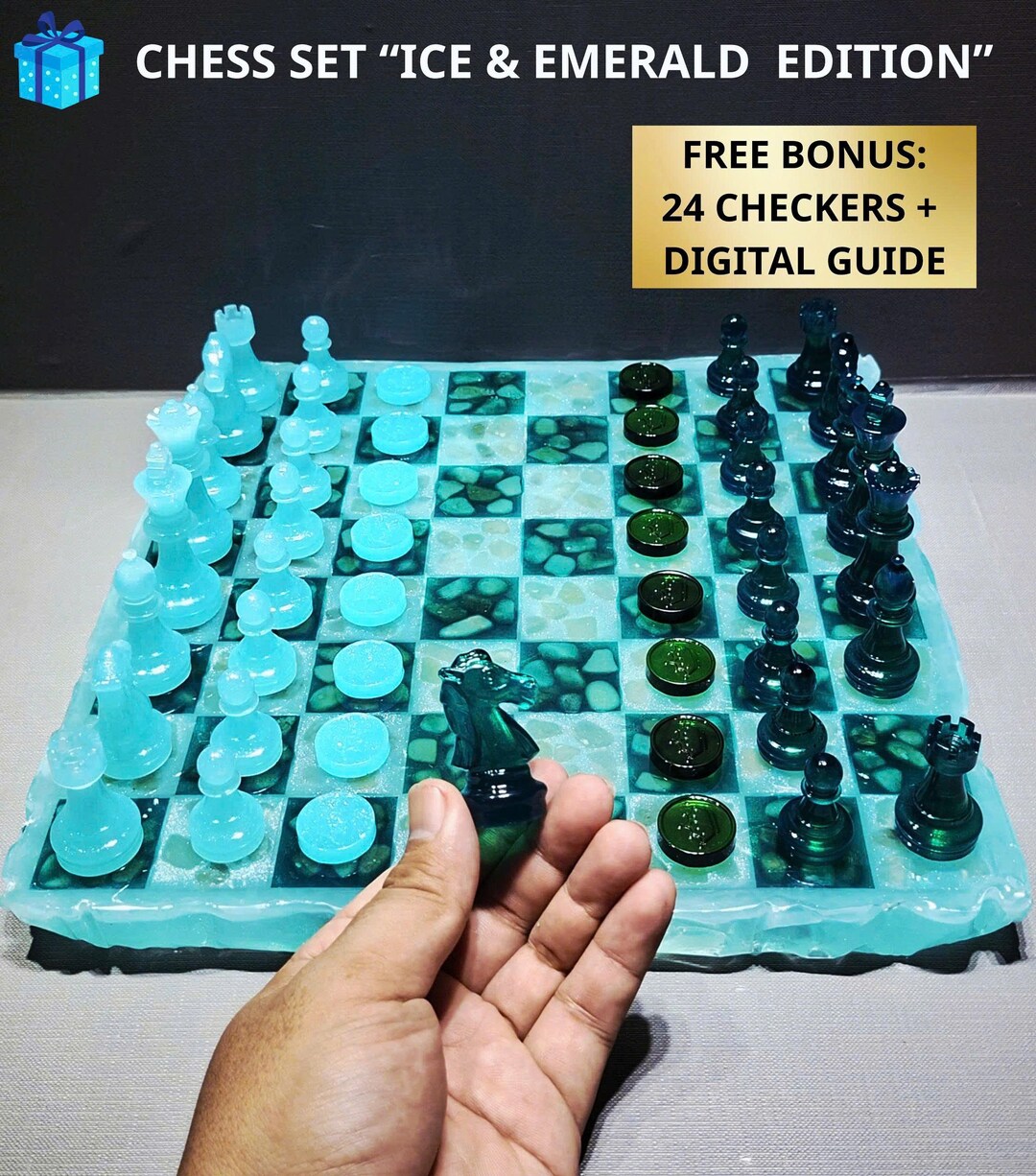 Handmade Resin Chess Set – Ice & Emerald Edition | Free Checkers ...
