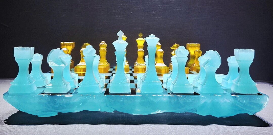 Iceberg Resin Chess Set – Gold Stainless Steel Pieces, Handmade Luxury ...