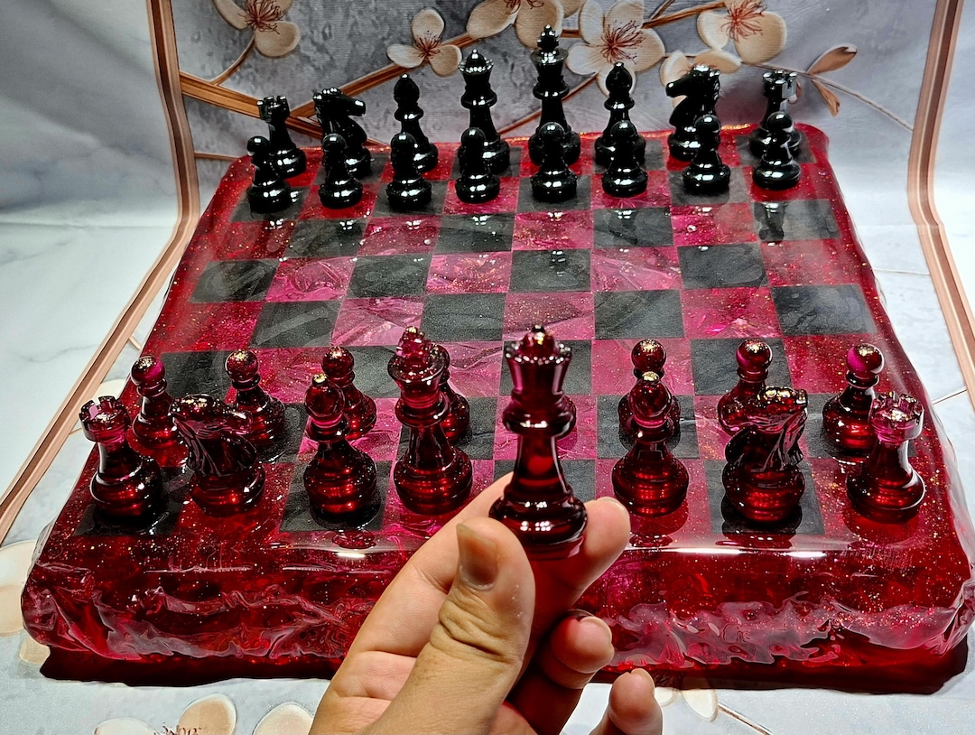 Handmade Resin Chess Set – Ruby Red & Obsidian Black, Lava Edge Design ...