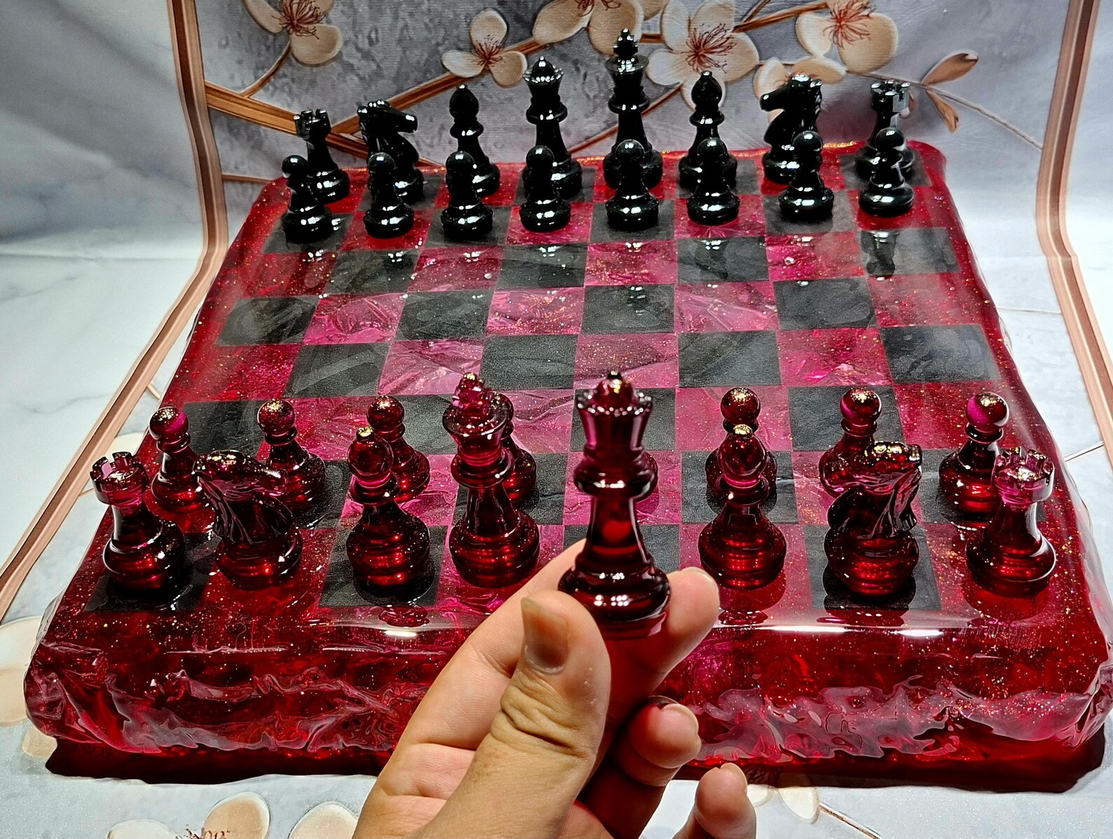 Handmade Resin Chess Set – Ruby Red & Obsidian Black, Lava Edge Design ...