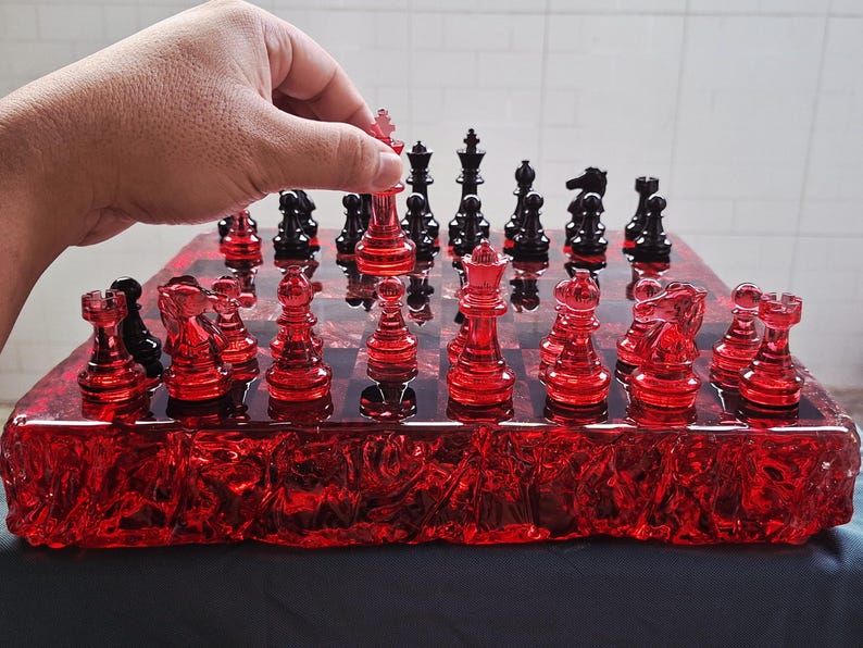 Red Lava Resin Chess Set Handmade • Black & Red Chess Pieces • Luxury ...