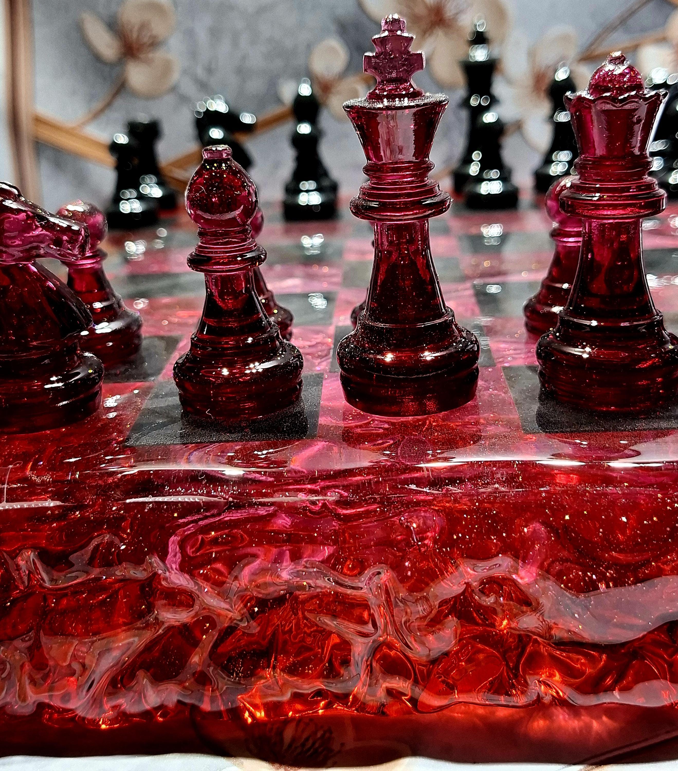 Handmade Resin Chess Set – Ruby Red & Obsidian Black, Lava Edge Design ...