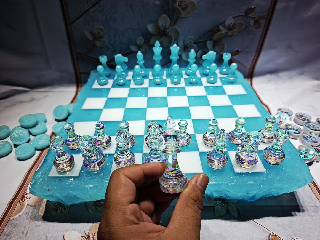 Handmade Resin Chess and Checkers Set | Iridescent Frozen Ice Game - Etsy