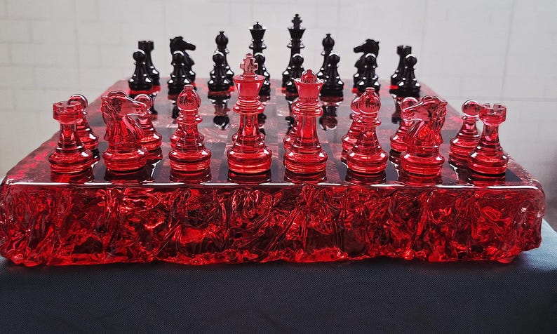 Red Lava Resin Chess Set Handmade • Black & Red Chess Pieces • Luxury ...
