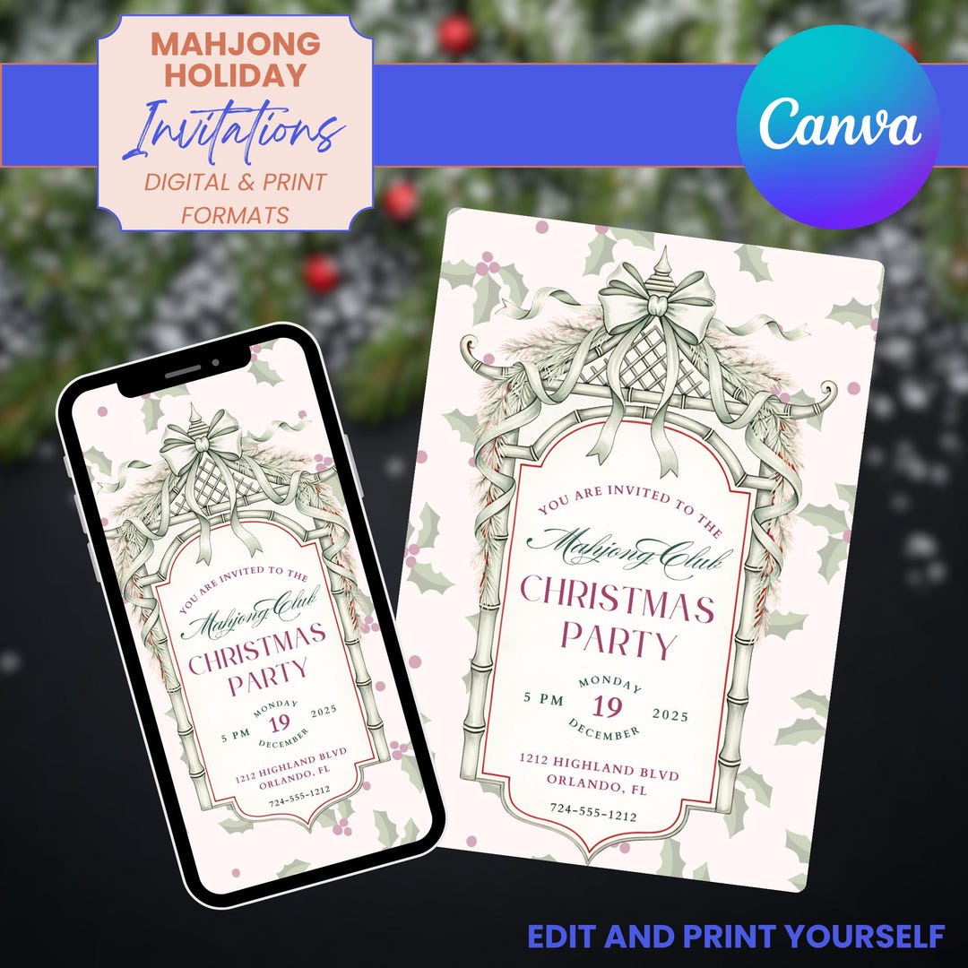 Holiday Mahjong Party Invitation Template | Christmas Game Night Invite ...