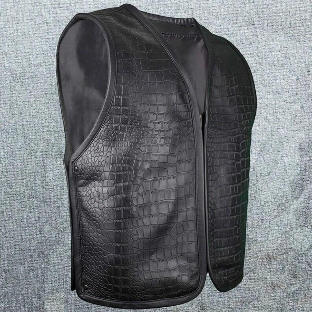 Men's Alligator Embossed Leather Biker Vest: Brass Zipper, Satin Lined ...