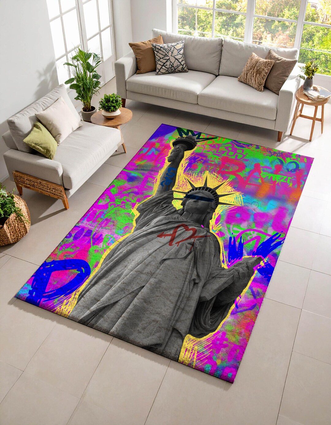 Neon Graffiti Liberty Rug – Urban Pop Art Statue Design • Vibrant ...
