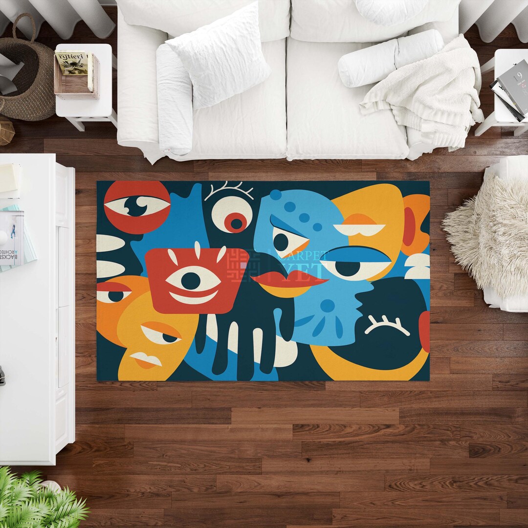 Abstract Faces Area Rug, Colorful Graphic, Modern Art for Living Room ...