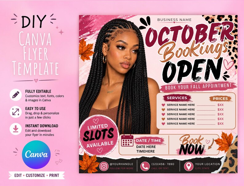 October Bookings Now Open Flyer Template Leopard Flyer Design Hair ...