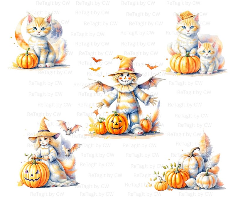 Halloween Watercolor Clip Art Bundle Playful Kittens & Pumpkins ...