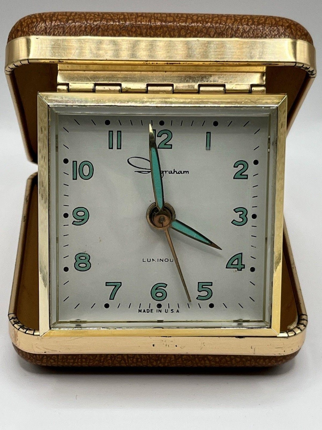Vintage Ingraham Luminous Folding Travel Alarm Clock Original Brown ...
