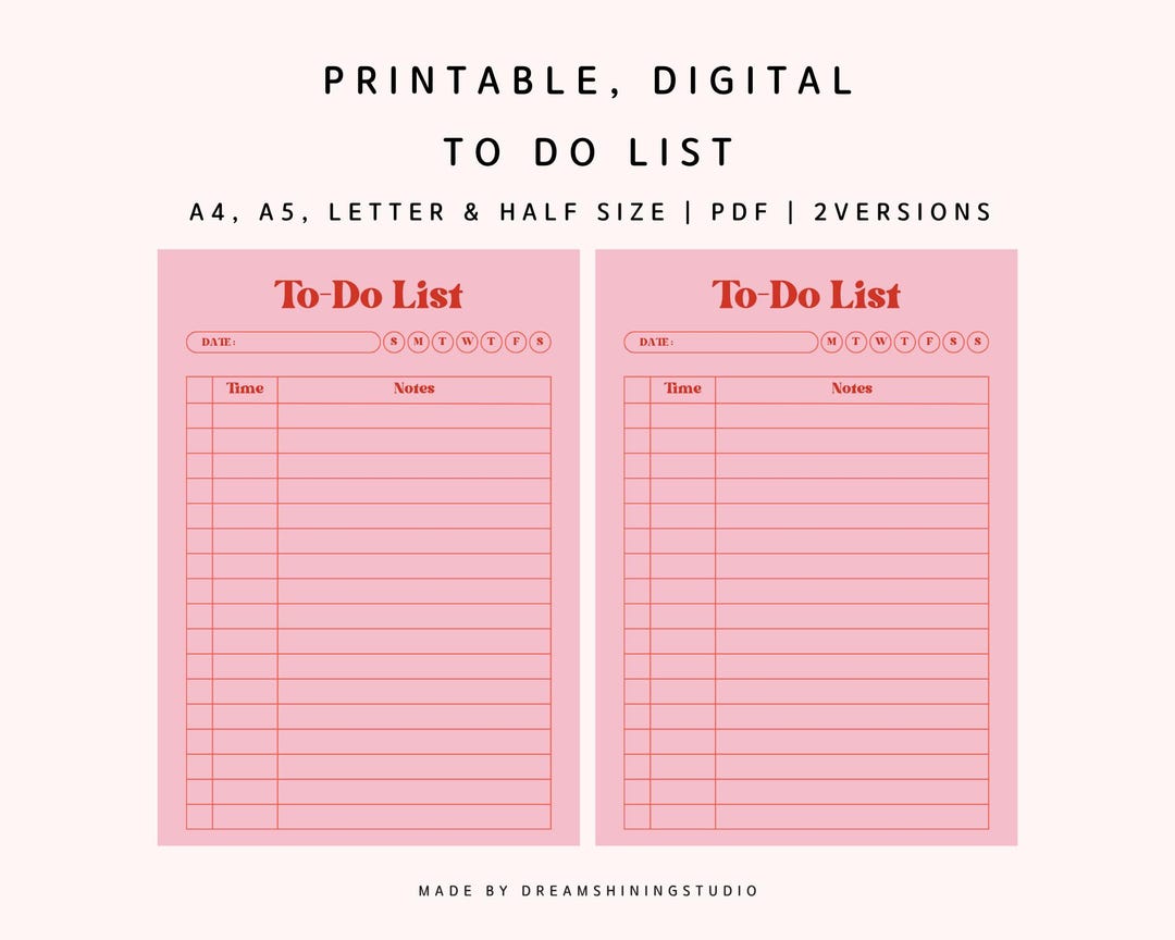 To Do List, Simple Minimalist Digital Cute Pink Planner, A4 A5 Letter ...