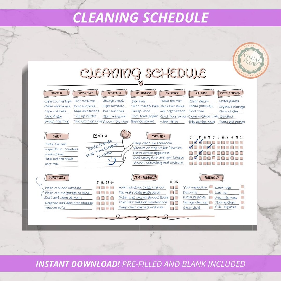 Cleaning Schedule Printable – A3 Household Checklist in Rose Tone ...