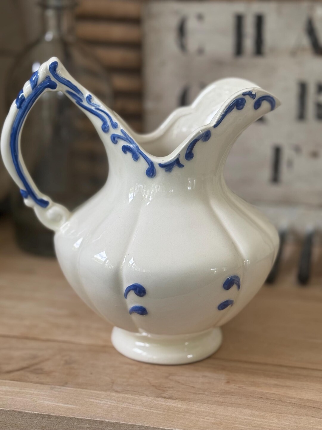 Vintage European White and Blue Pitcher Vintage Blue and White Floral ...