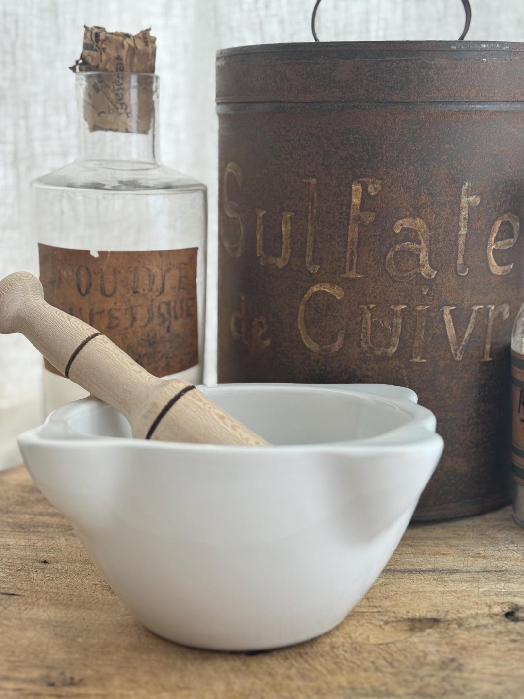 Vintage French Mortar and Pestle Set: White Ceramic, Wooden Pestle - Etsy