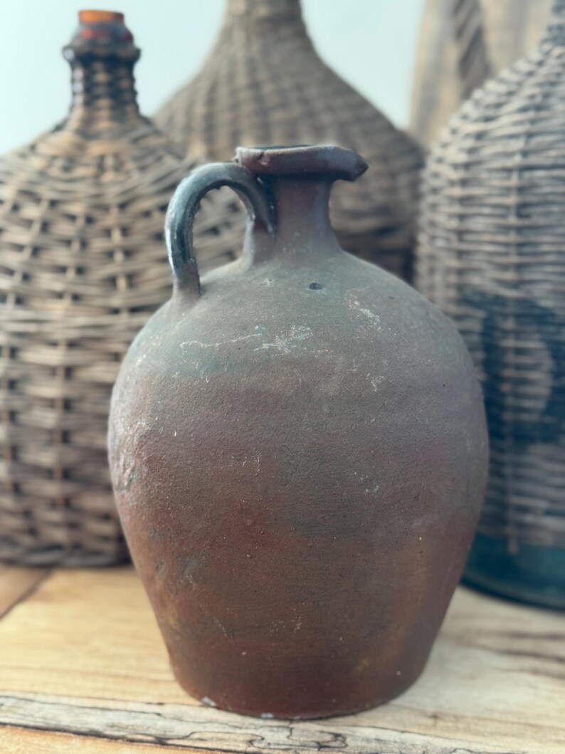 Antique French Stoneware Jug With Handle | Rustic European Olive Oil or ...