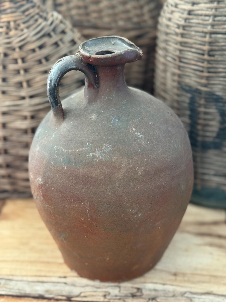 Antique French Stoneware Jug With Handle | Rustic European Olive Oil or ...