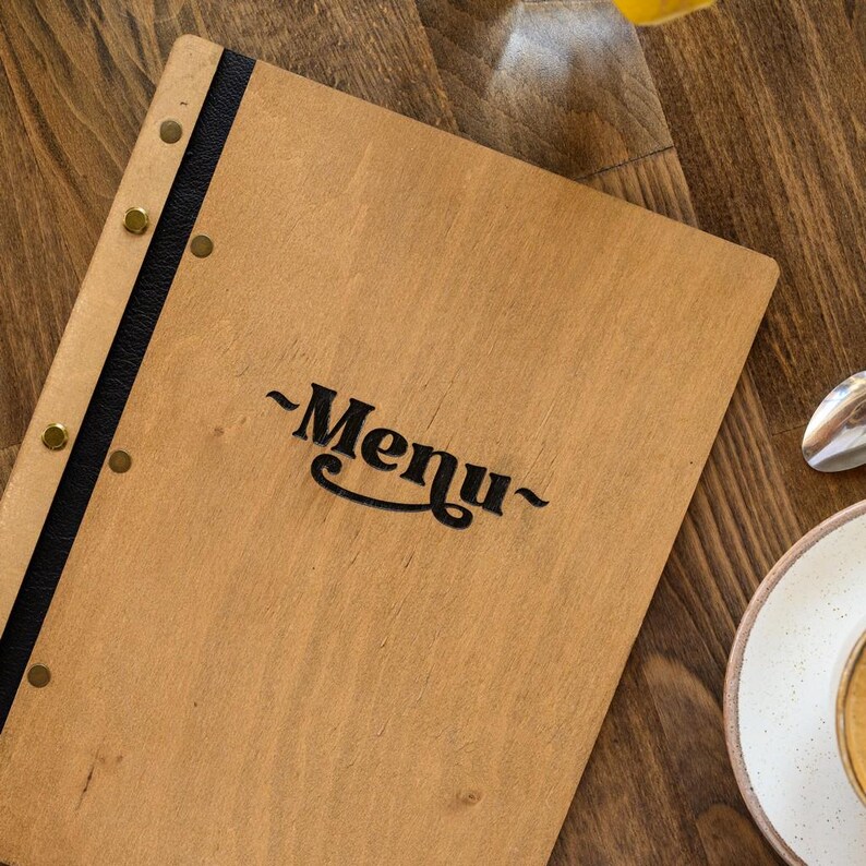 Wooden Menu Folder for Changeable Sheets in Oak Color and Engraving on ...