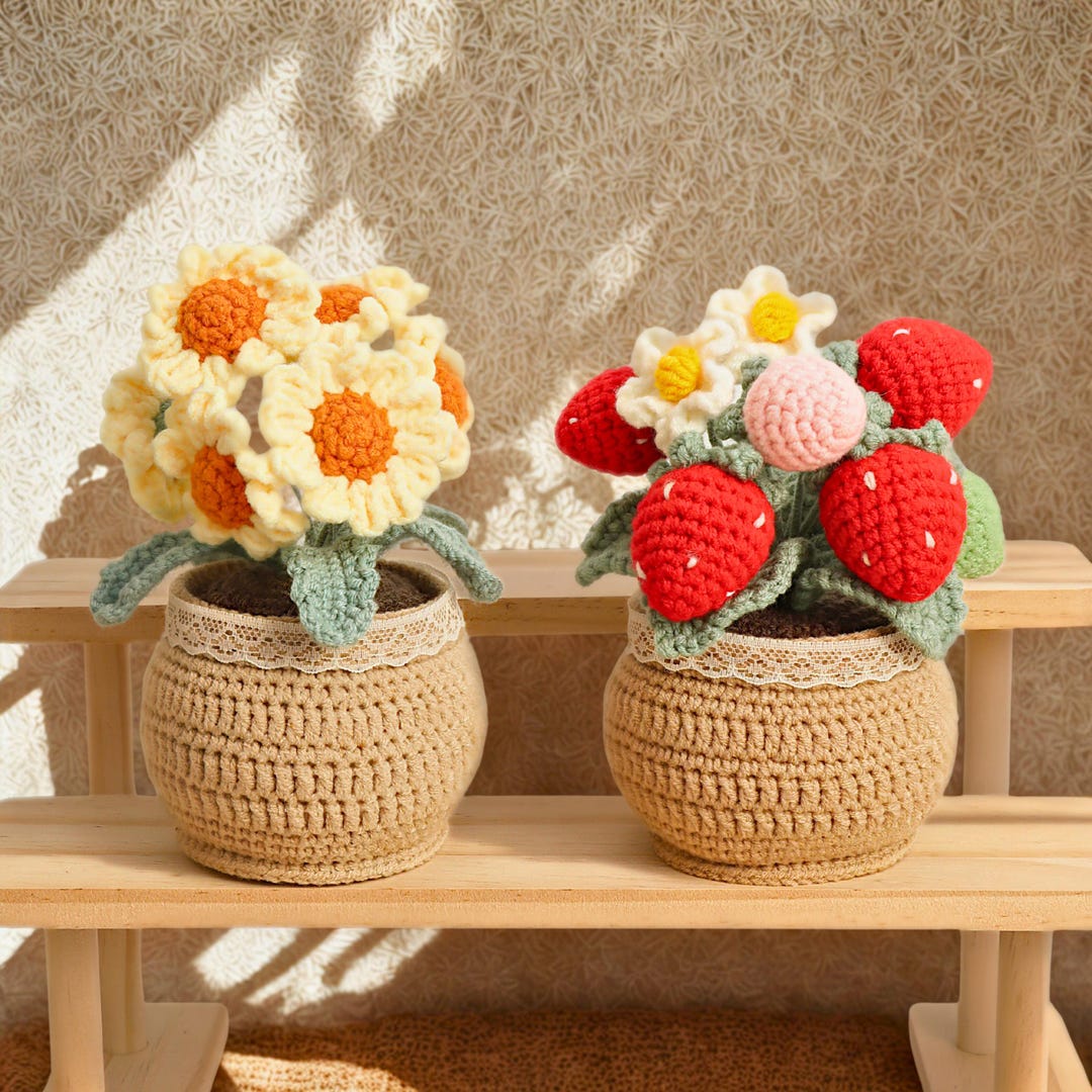 Handmade Crochet Strawberry & Daisy Plant – Potted Crochet Bouquet - Etsy