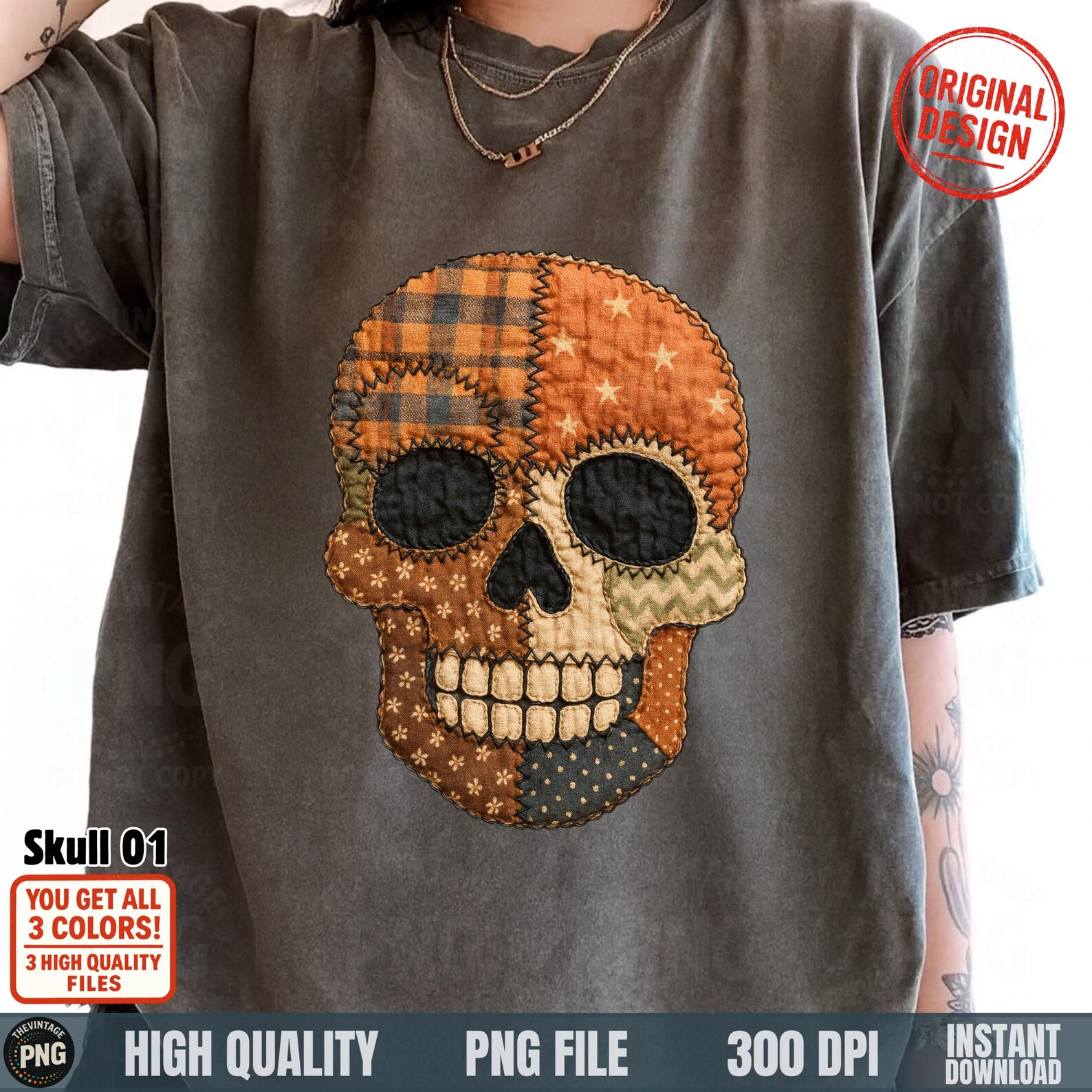 Patchwork Embroidery Skull PNG: Vintage Halloween Clipart (digital ...
