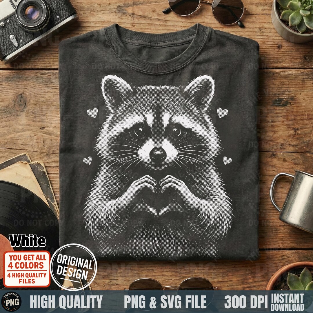 Valentine Raccoon Love PNG, Retro Halftone Animal Clipart (digital ...