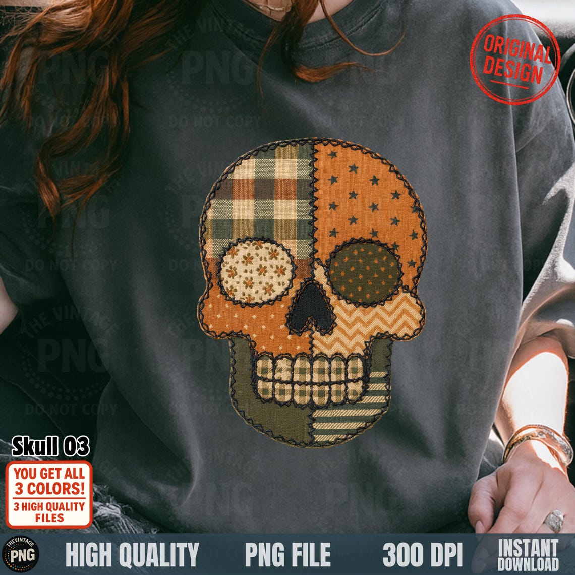 Patchwork Embroidery Skull PNG: Vintage Halloween Clipart (digital ...