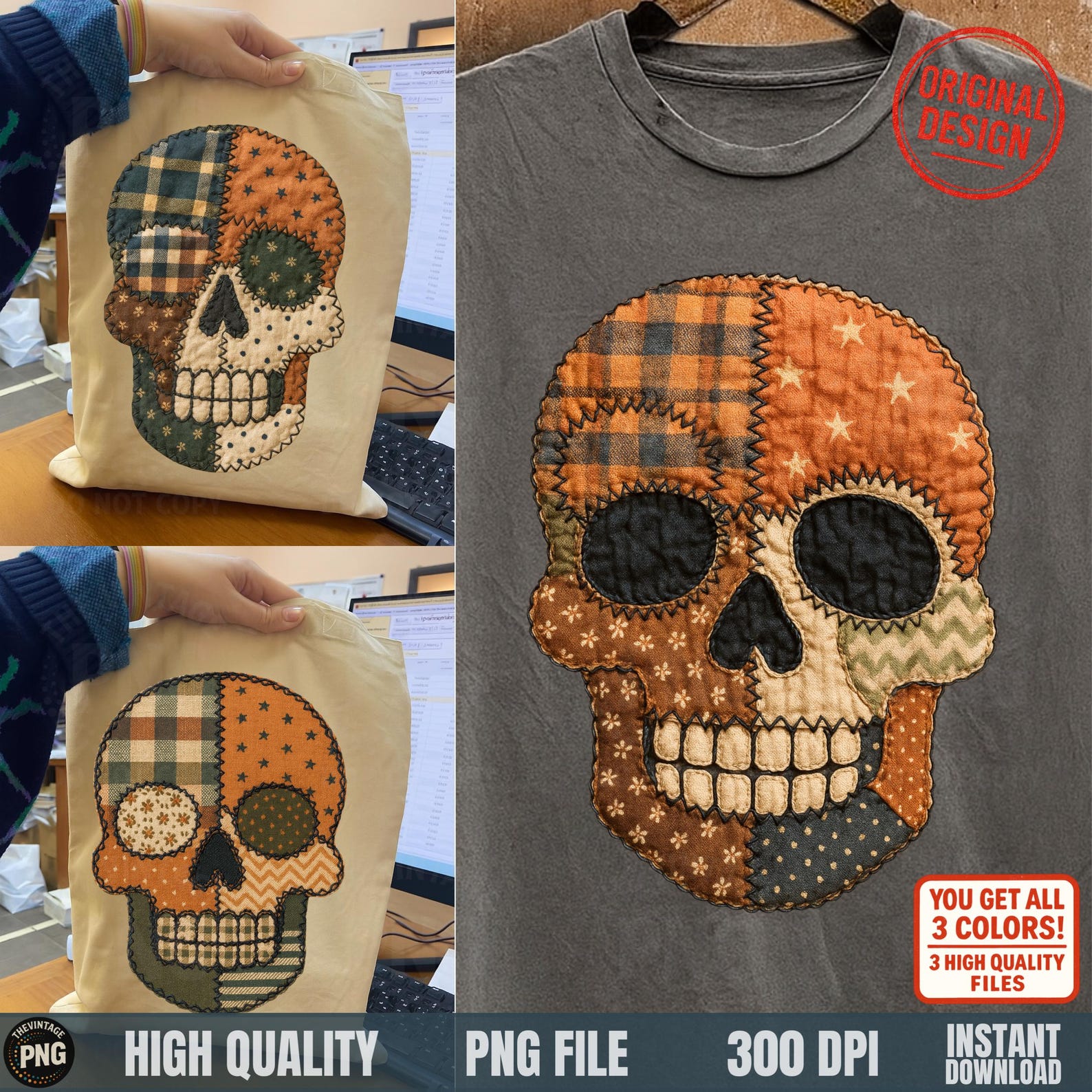 Patchwork Embroidery Skull PNG: Vintage Halloween Clipart (digital ...