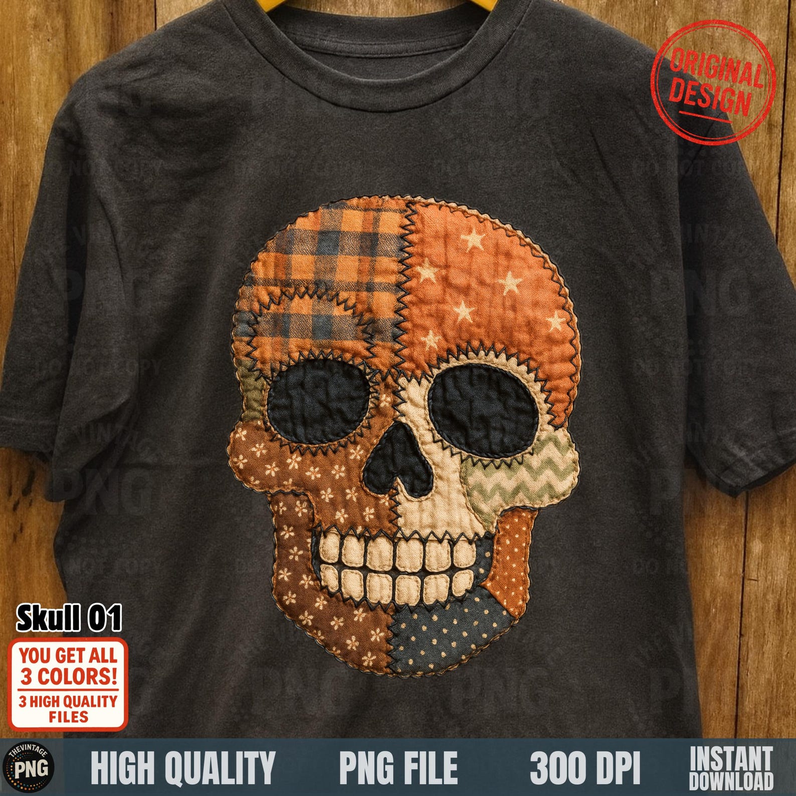 Patchwork Embroidery Skull PNG: Vintage Halloween Clipart (digital ...