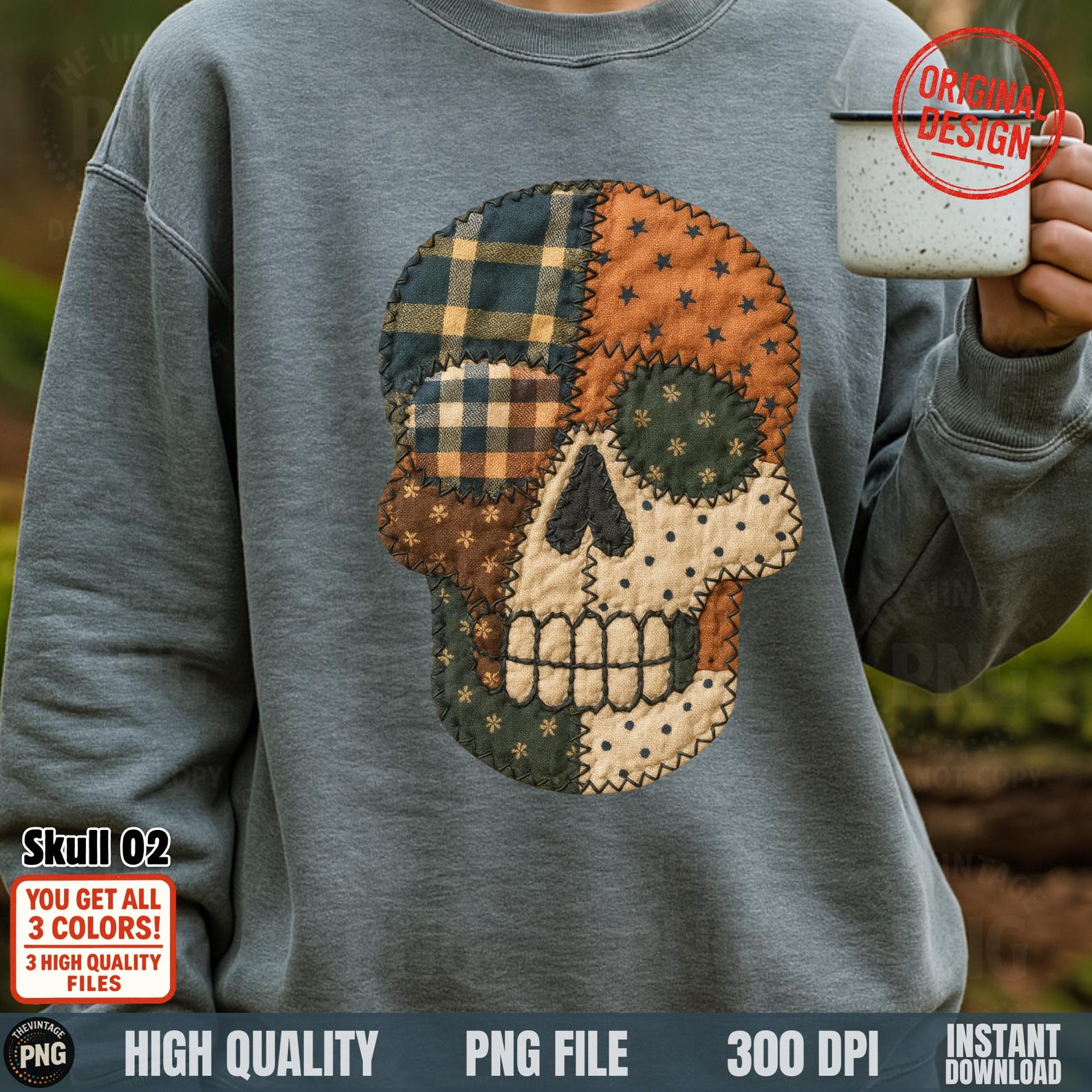 Patchwork Embroidery Skull PNG: Vintage Halloween Clipart (digital ...