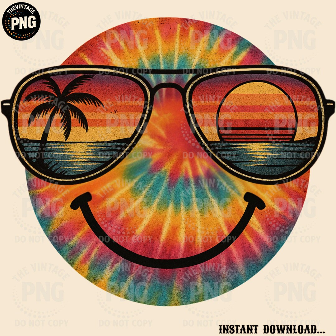 Retro Tie Dye Smiley Face PNG: Beach Sunset Clipart (digital Download ...