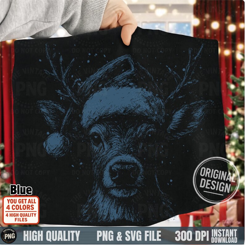 Vintage Christmas Reindeer PNG, Rustic Santa Hat Deer Sketch (digital ...