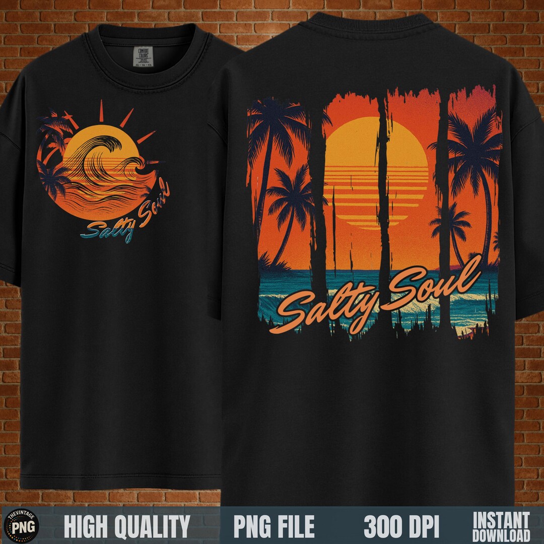 Retro Sunset Beach PNG: Salty Soul Palm Tree Clipart (digital Download ...