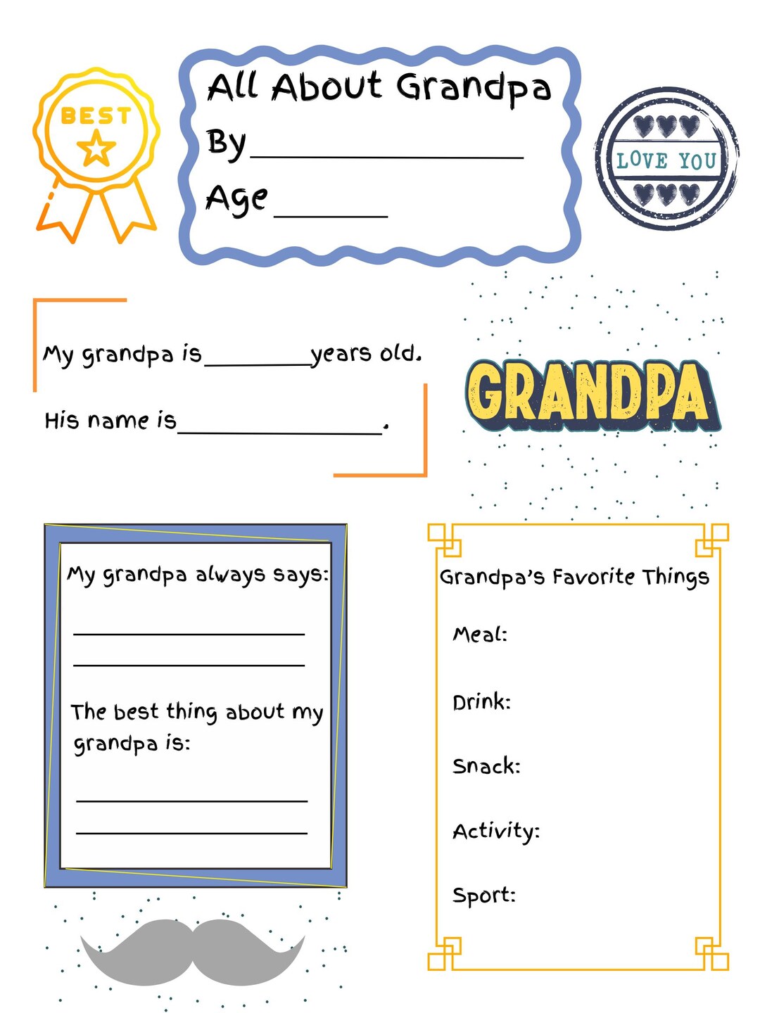 All About Grandpa Printable, Father's Day Gift for Grandpa, Grandparent ...