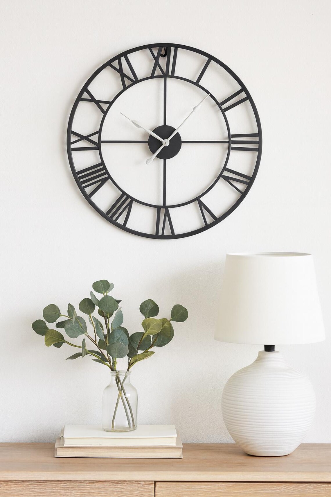 Rustic Farmhouse Wall Clock - 60cm Black Metal Roman Numerals Silver ...