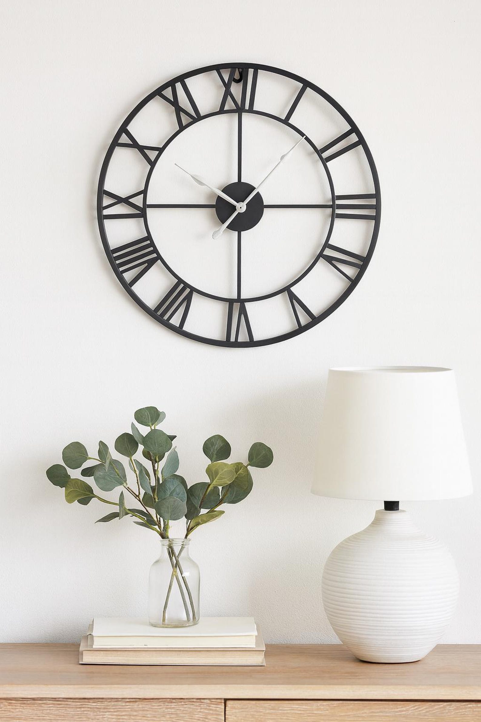 Rustic Farmhouse Wall Clock - 60cm Black Metal Roman Numerals Silver ...